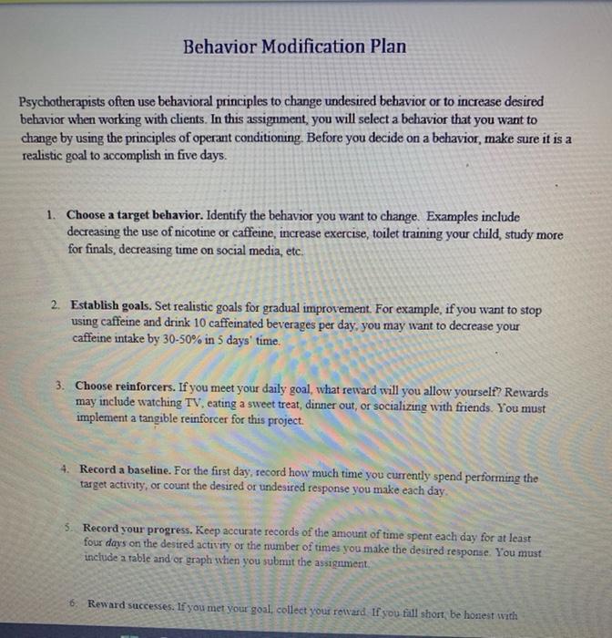 Solved Behavior Modification Plan Psychotherapists often use | Chegg.com