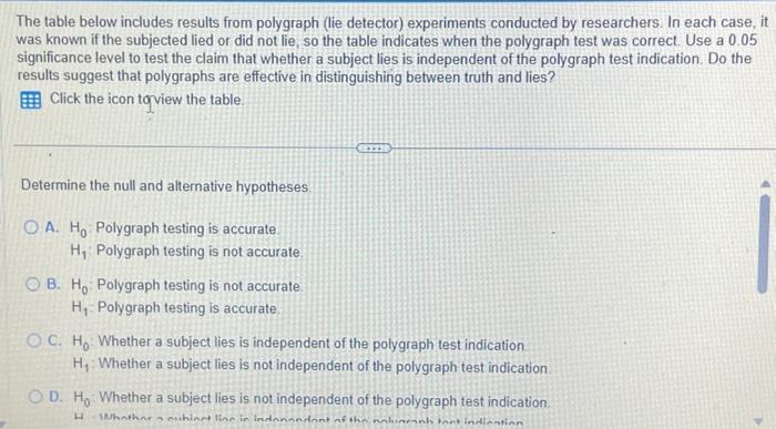 Solved The table below includes results from polygraph (lie | Chegg.com