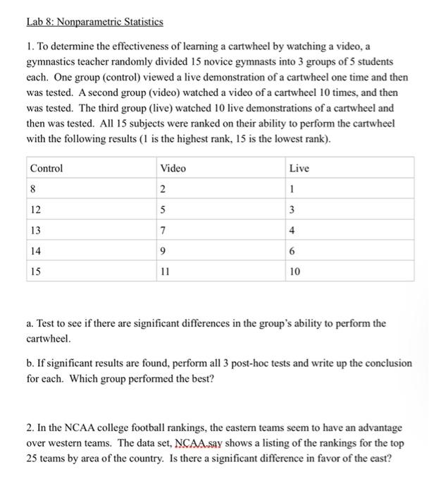 Solved Lab 8: Nonparametric Statistics 1. To determine the | Chegg.com