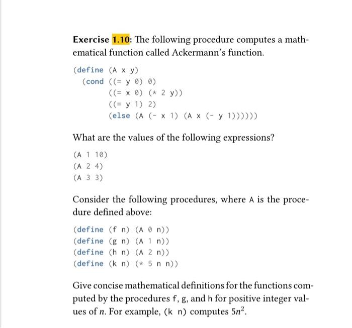 Solved Exercise 1.10: The following procedure computes a | Chegg.com