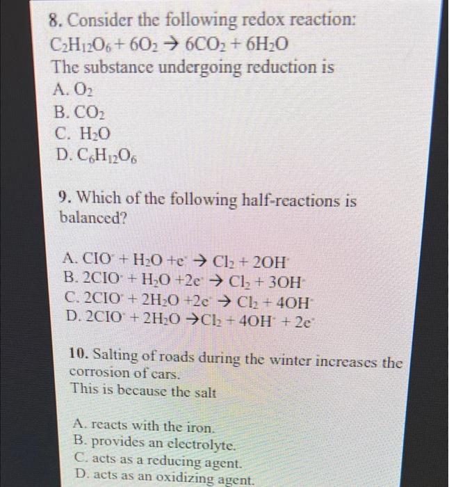 Solved 8. Consider the following redox reaction: CH1206+603 | Chegg.com