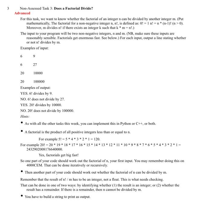 Solved Non-Assessed Task 3: Does a Factorial Divide? | Chegg.com