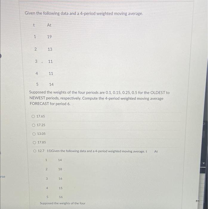 Solved Given the following data and a 4-period weighted | Chegg.com
