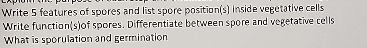 Solved Write 5 ﻿features of spores and list spore | Chegg.com