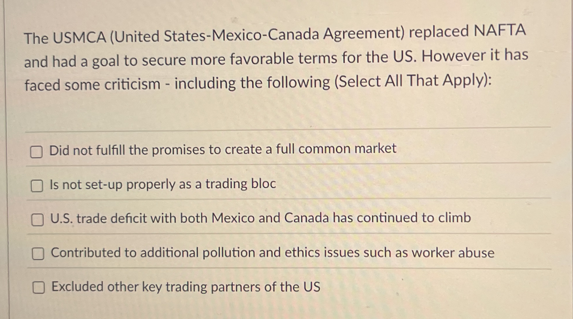Solved The USMCA (United States-Mexico-Canada Agreement) | Chegg.com
