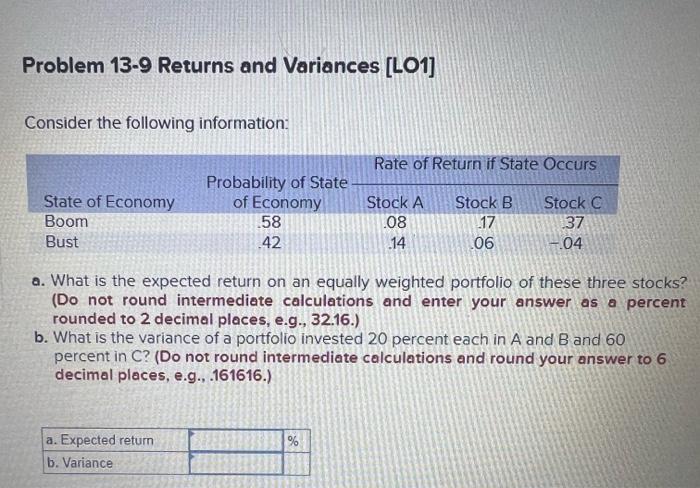 Solved Problem 13-9 Returns and Variances [LO1] Consider the | Chegg.com