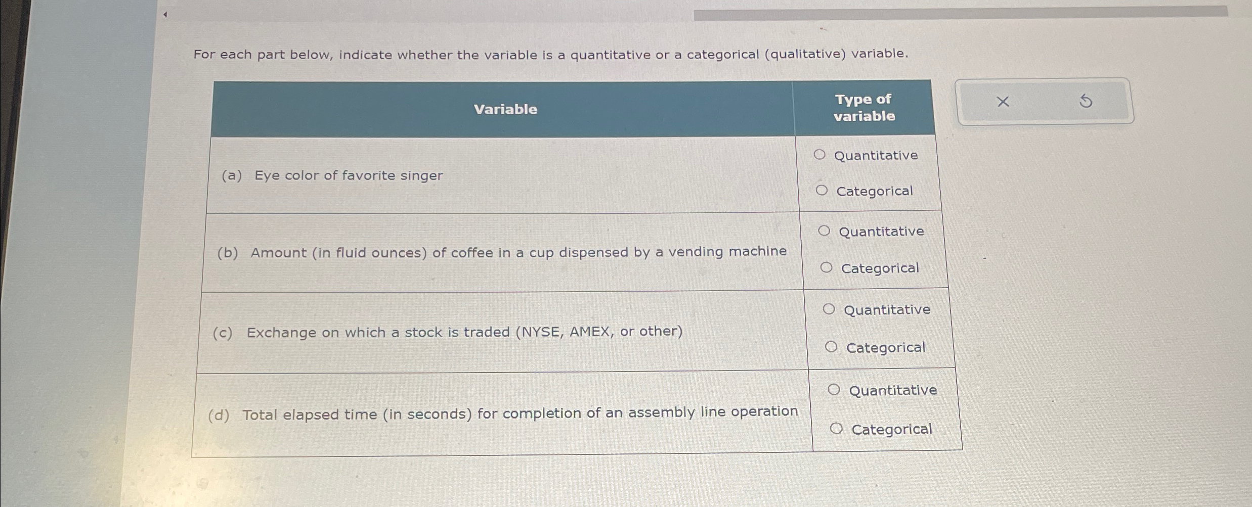 Solved For each part below, indicate whether the variable is | Chegg.com