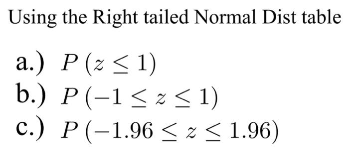 Solved Using the Right tailed Normal Dist table a.) P(z≤1) | Chegg.com