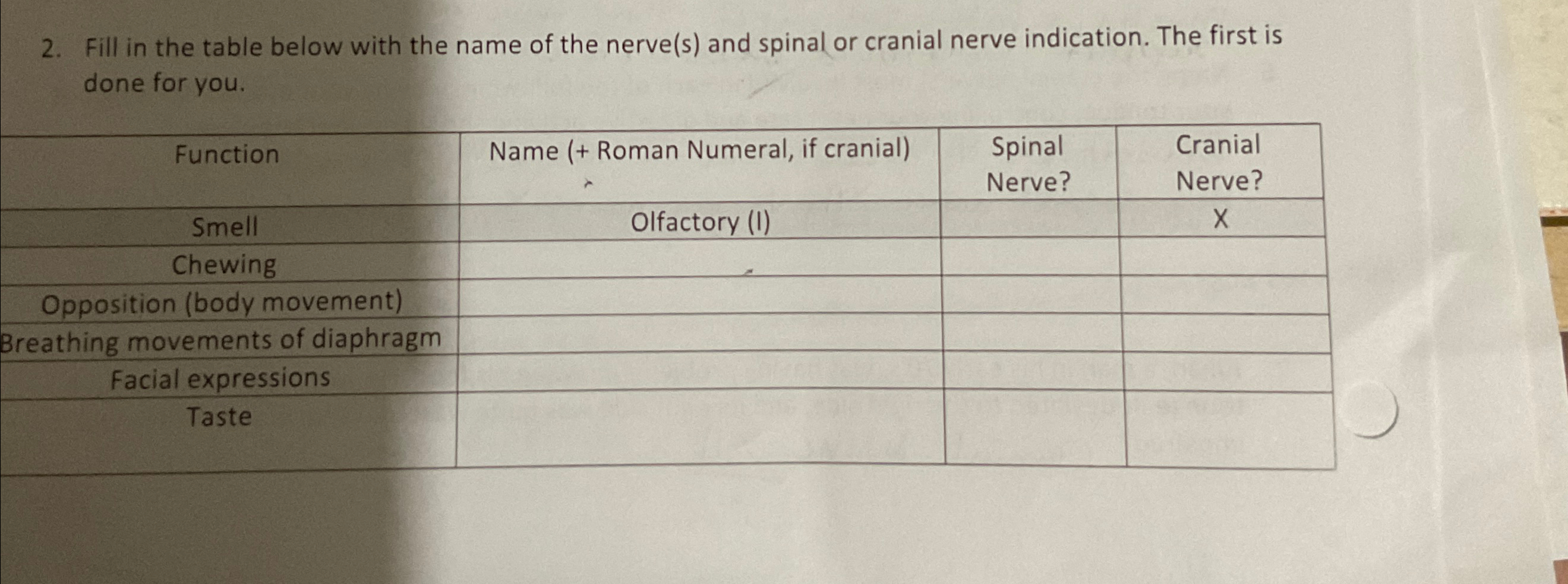 Solved Fill in the table below with the name of the nerve(s) | Chegg.com