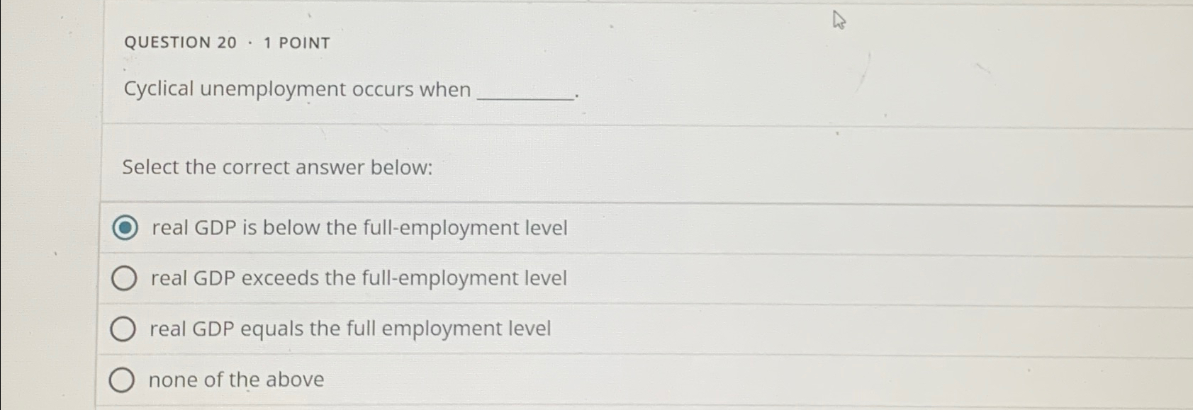 Solved QUESTION 20*1 POINTCyclical unemployment occurs | Chegg.com Solved QUESTION 20*1 POINTCyclical unemployment occurs | Chegg.com
