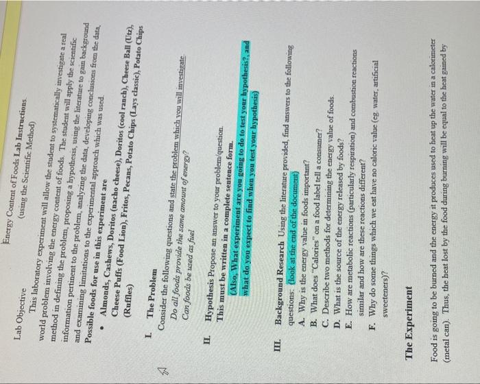 Solved Energy Content of Foods Lab Instructions. (using the | Chegg.com