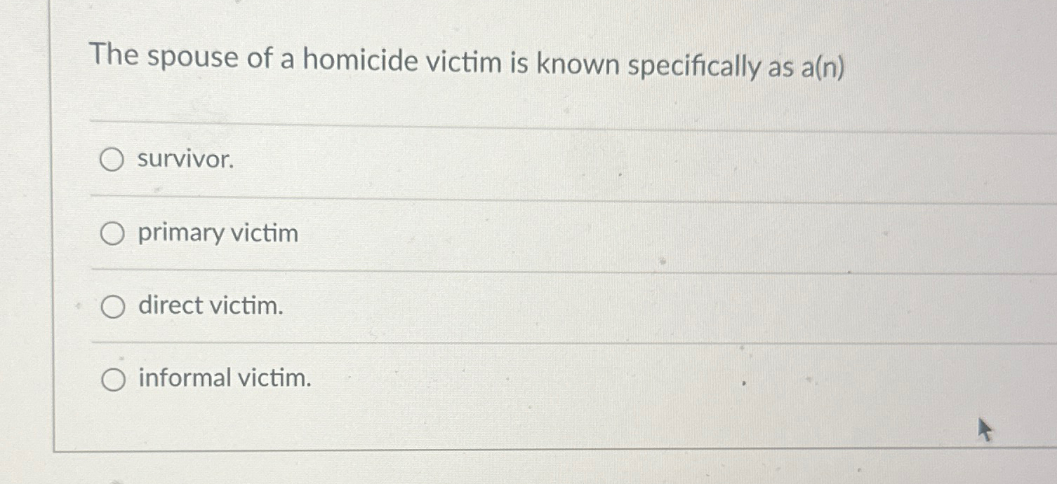 Solved The spouse of a homicide victim is known specifically | Chegg.com