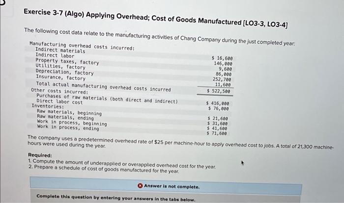 Solved Exercise 3-7 (Algo) Applying Overhead; Cost of Goods | Chegg.com
