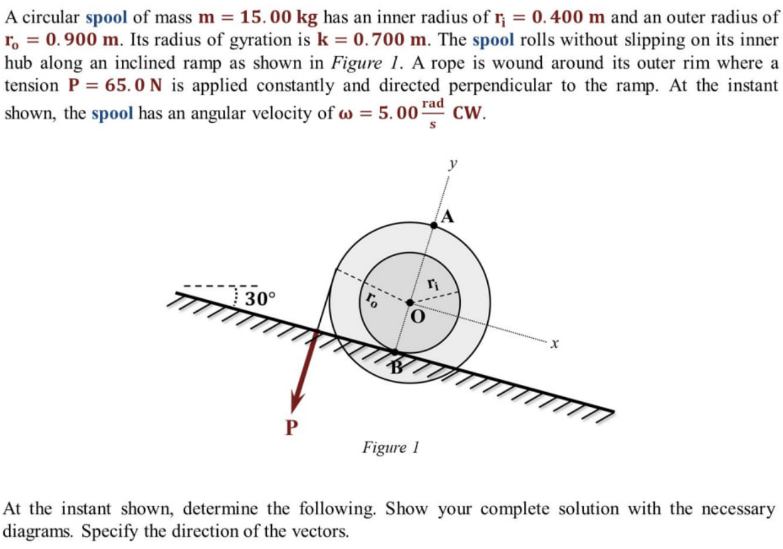 Solved A circular spool of ﻿mass m=15.00kg ﻿has an ﻿inner | Chegg.com