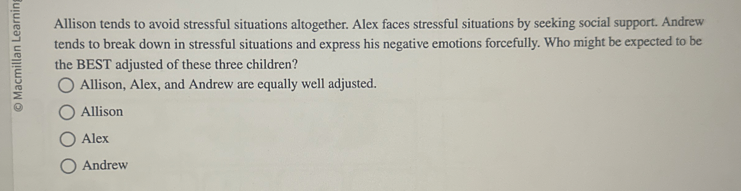 Solved Allison tends to avoid stressful situations | Chegg.com