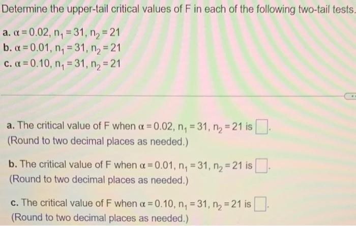 Solved Determine the upper-tail critical values of F in each | Chegg.com