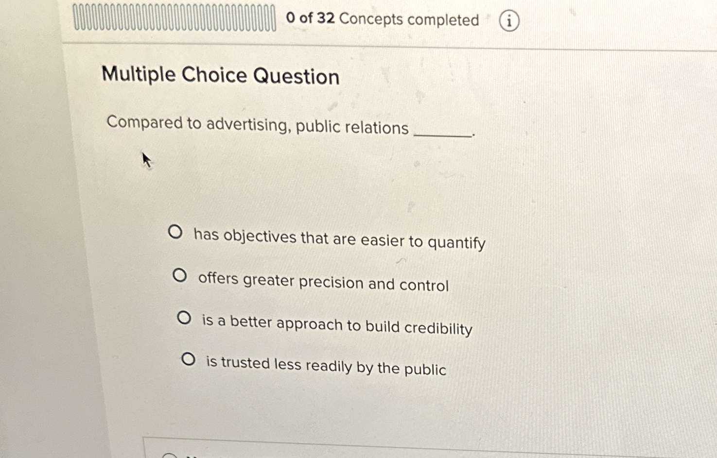 Solved 0 ﻿of 32 ﻿Concepts completed(i)Multiple Choice | Chegg.com