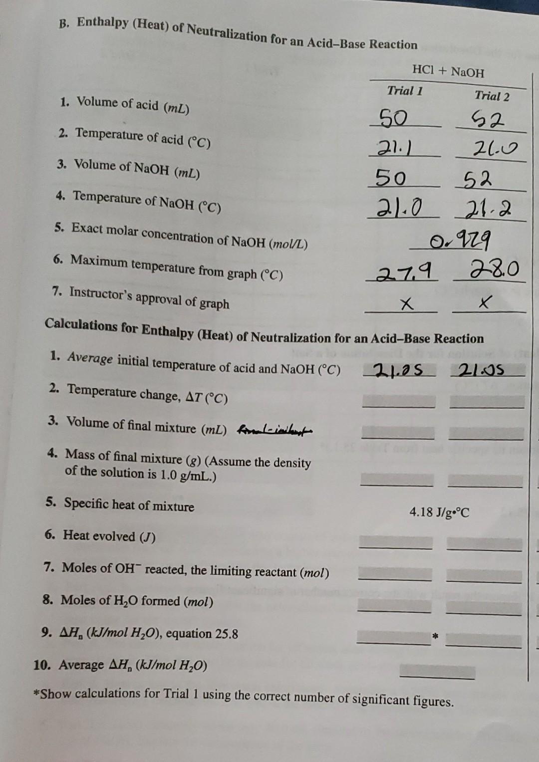 Solved B. Enthalpy (Heat) of Neutralization for an Acid-Base | Chegg.com