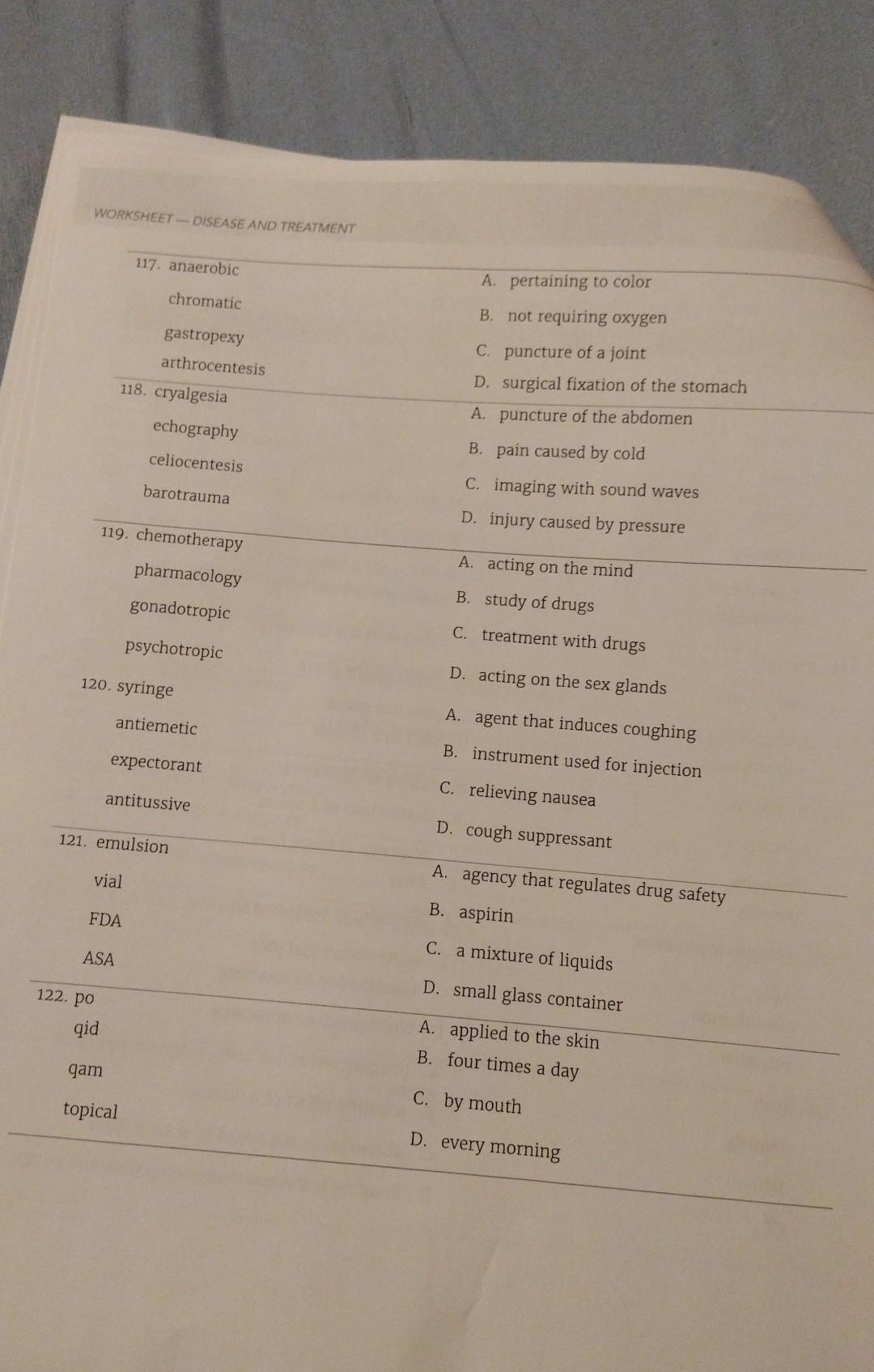 Solved WORKSHEET DISEASE AND TREATMENT Matching Match the | Chegg.com