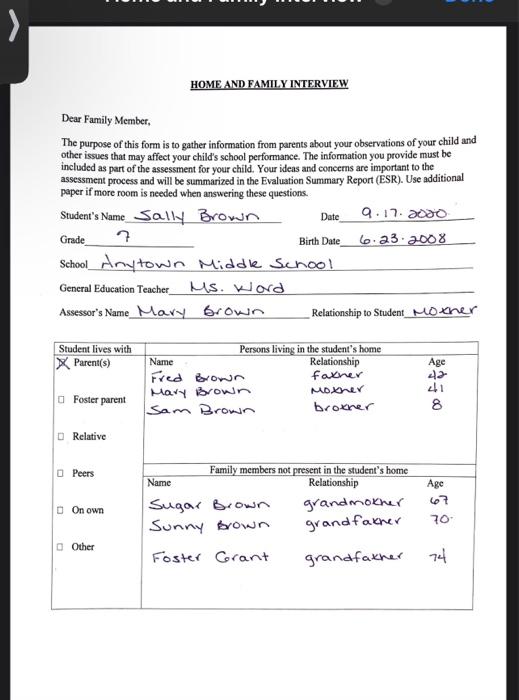 Solved use the completed Home and family interview down | Chegg.com