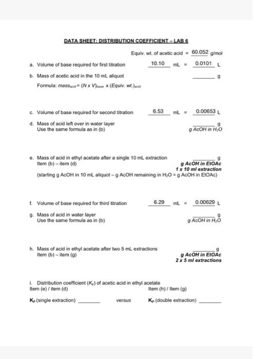 Solved DATA SHEET: DISTRIBUTION COEFFICIENT - LAB 6 Equiv, | Chegg.com