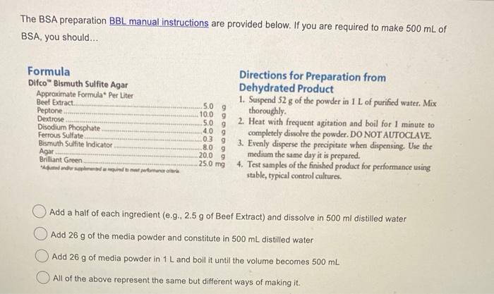 Solved The BSA preparation BBL manual instructions are | Chegg.com