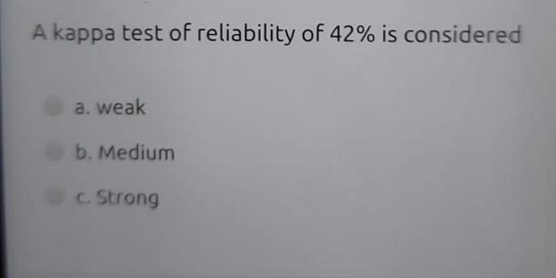 Solved A kappa test of reliability of 42% ﻿is considereda. | Chegg.com