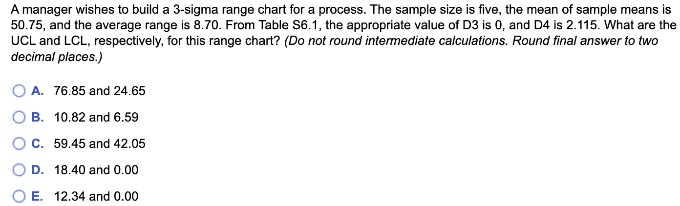 Solved A manager wishes to build a 3-sigma range chart for a | Chegg.com