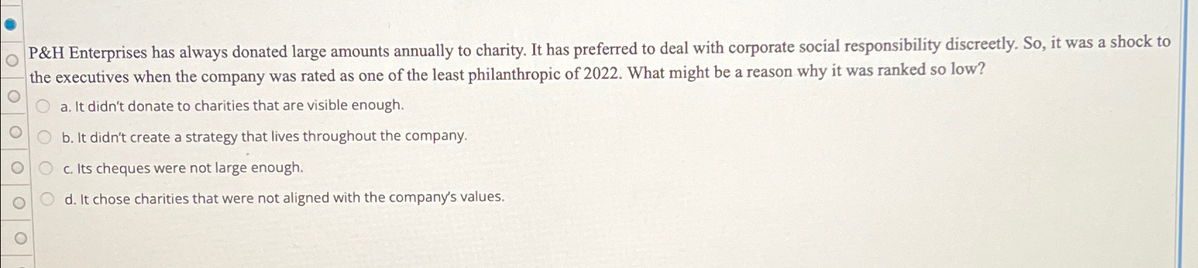 Solved P&H Enterprises has always donated large amounts | Chegg.com