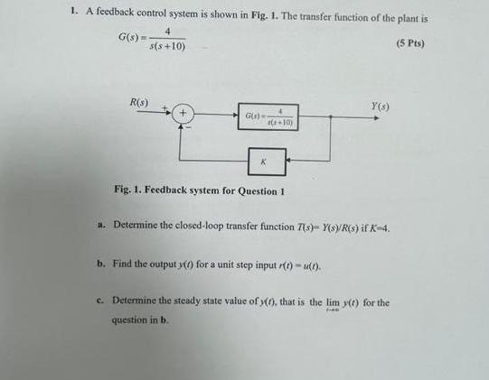 Solved 1. A feedback control system is shown in Fig. 1. The | Chegg.com
