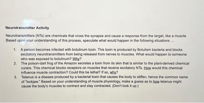 Solved Neurotransmitter Activity Neurotransmitters (NTs) are | Chegg.com