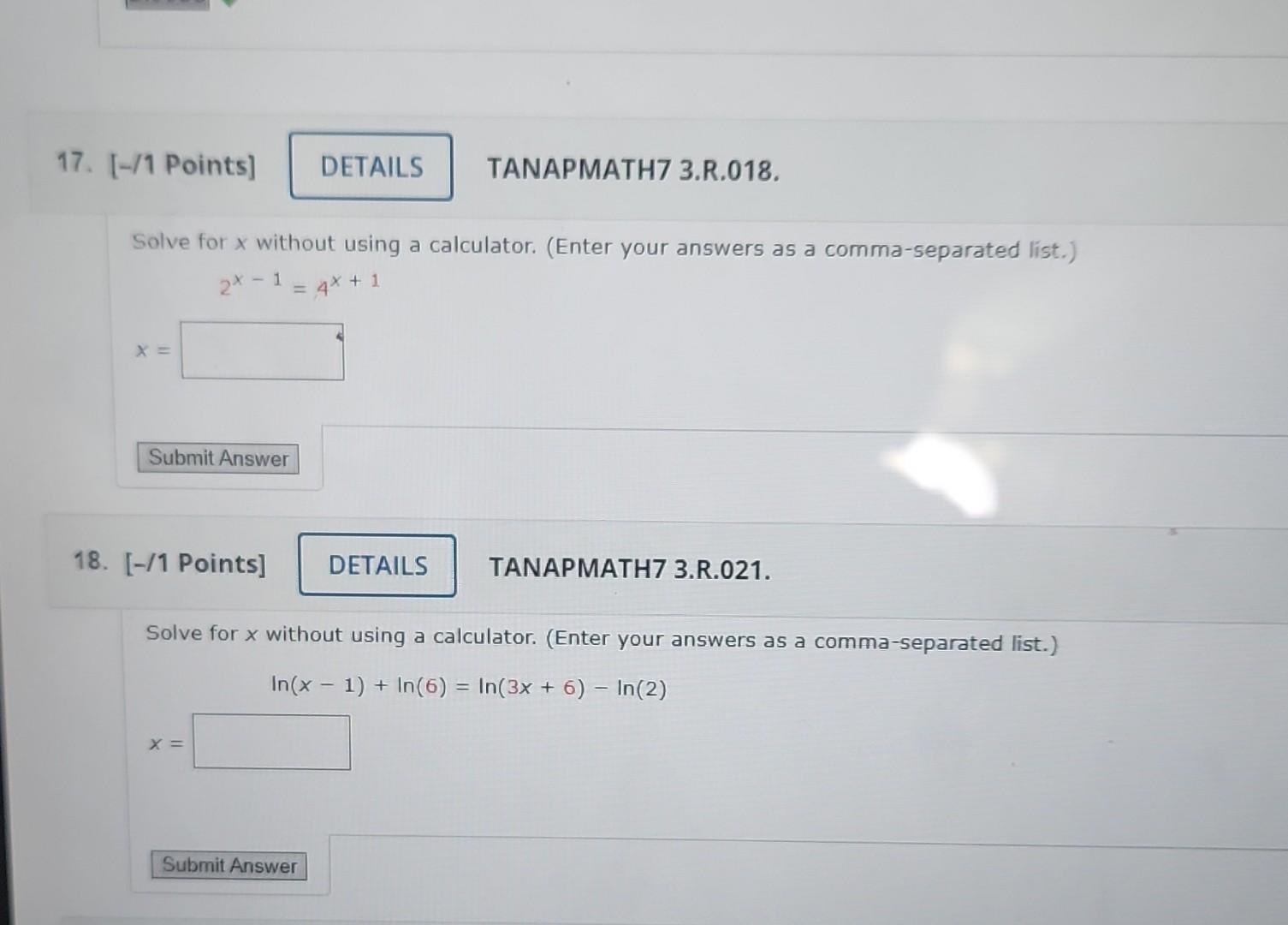 Solved (1)TANAPMATH7 3.R.018. Solve for x without using a | Chegg.com