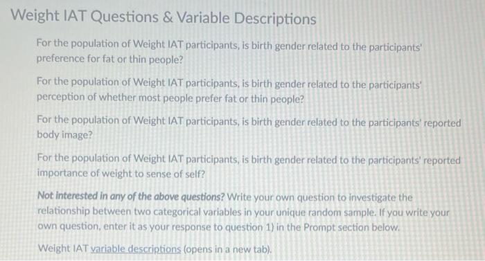 Weight IAT Questions & Variable Descriptions For the | Chegg.com