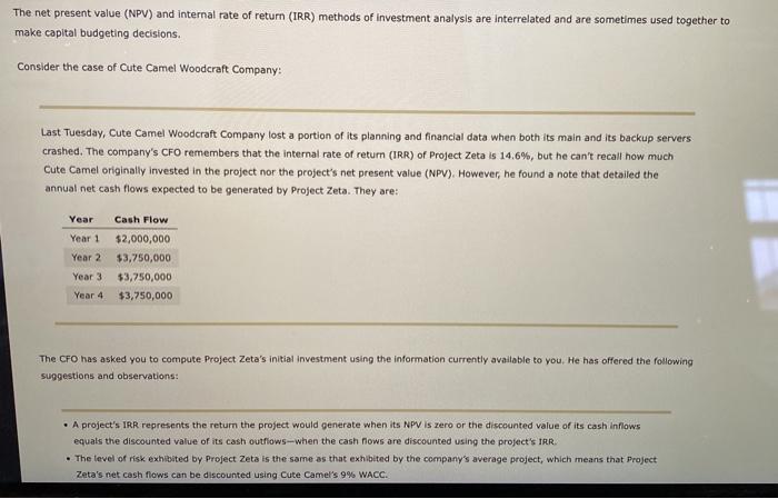 Solved The net present value (NPV) and internal rate of | Chegg.com