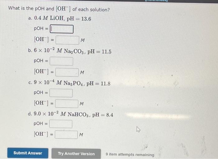 Solved What is the pOH and [OH−]of each solution? a. | Chegg.com
