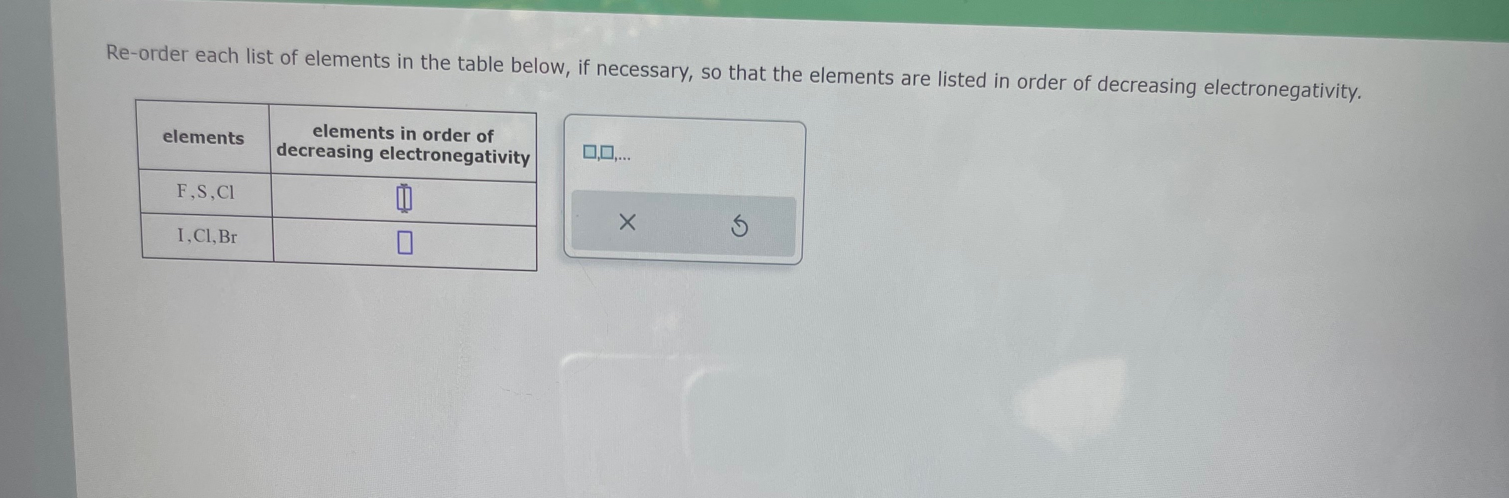 Solved Re-order each list of elements in the table below, if | Chegg.com