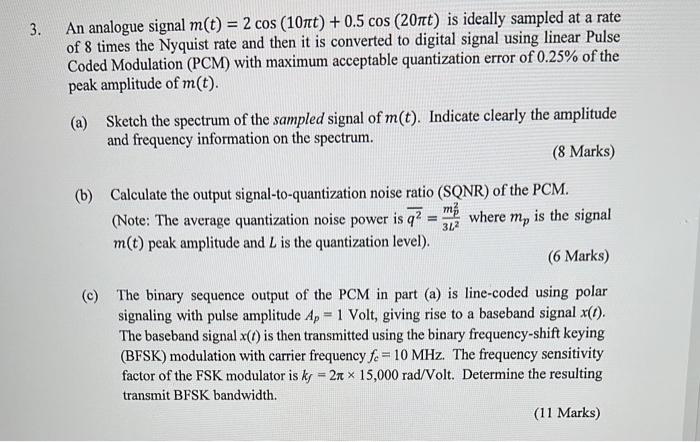 Solved 3. An analogue signal m(t)=2cos(10πt)+0.5cos(20πt) is | Chegg.com