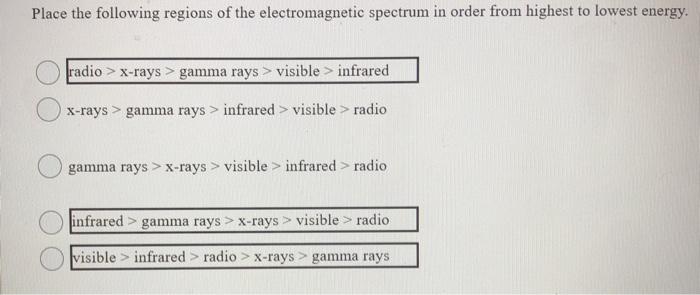 Solved Place the following regions of the electromagnetic | Chegg.com