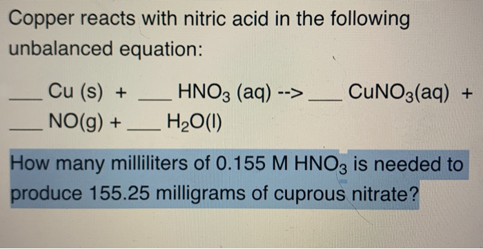 Solved Copper reacts with nitric acid in the following | Chegg.com