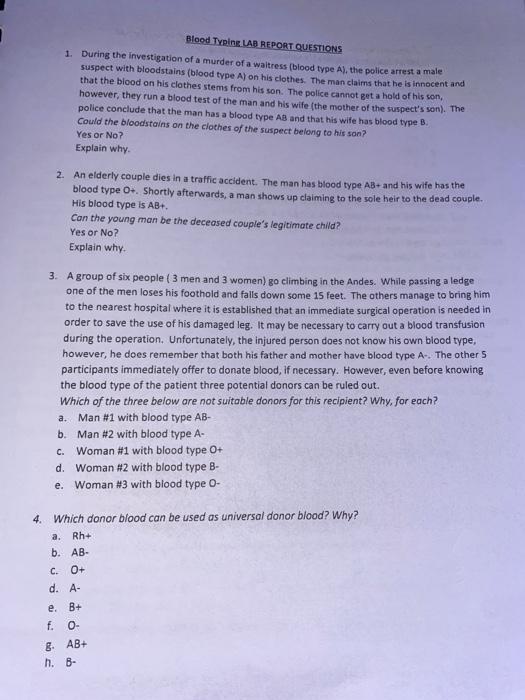 Solved Blood Typing LAB REPORT QUESTIONS 1. During the | Chegg.com