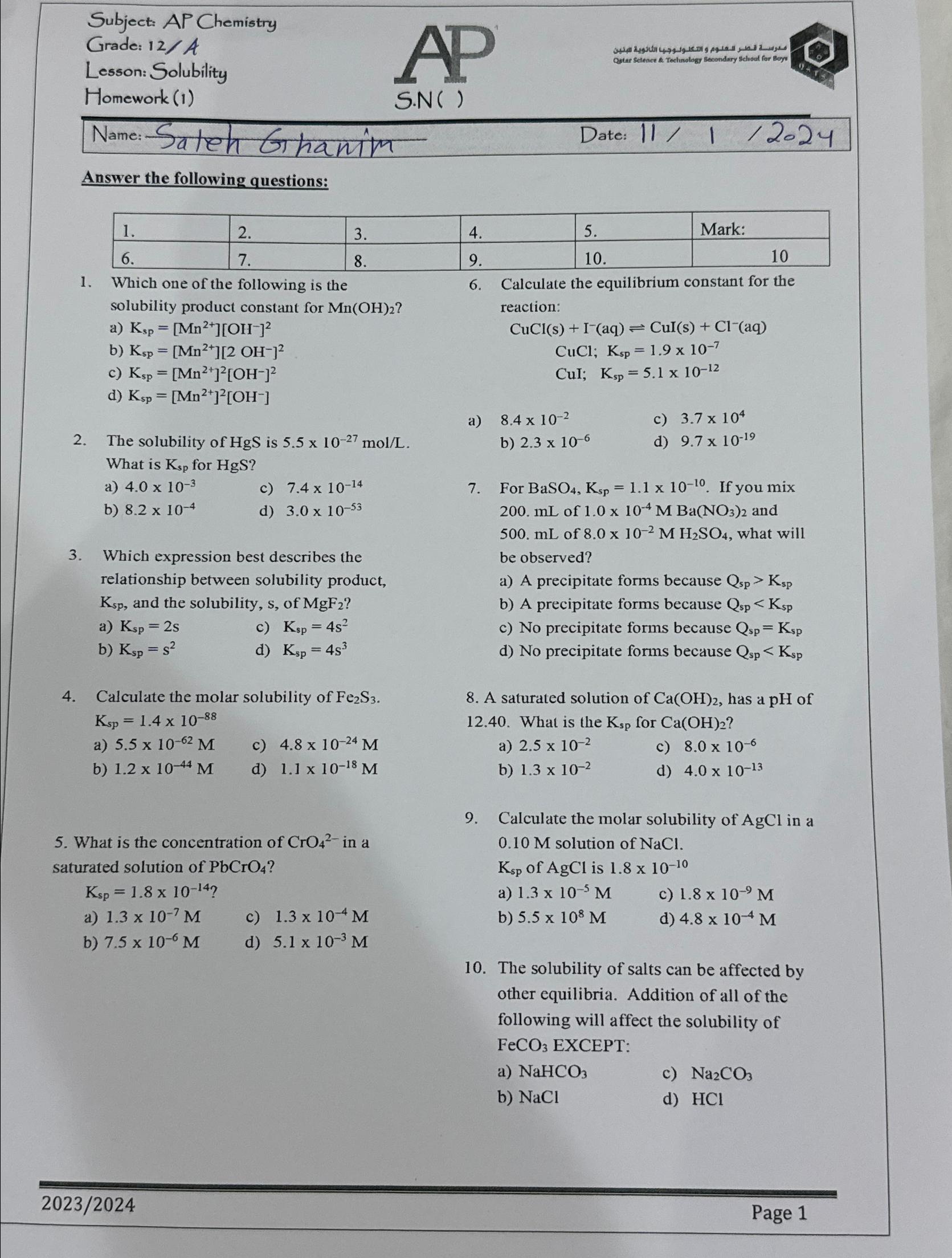 Subject: AP ChemistryGrade: 12/ALesson: | Chegg.com