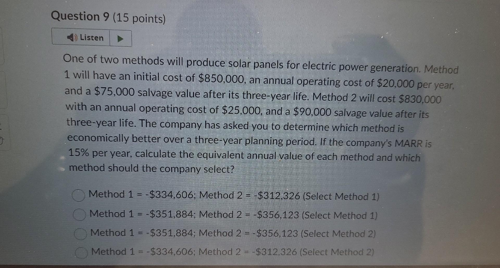 Solved One of two methods will produce solar panels for | Chegg.com