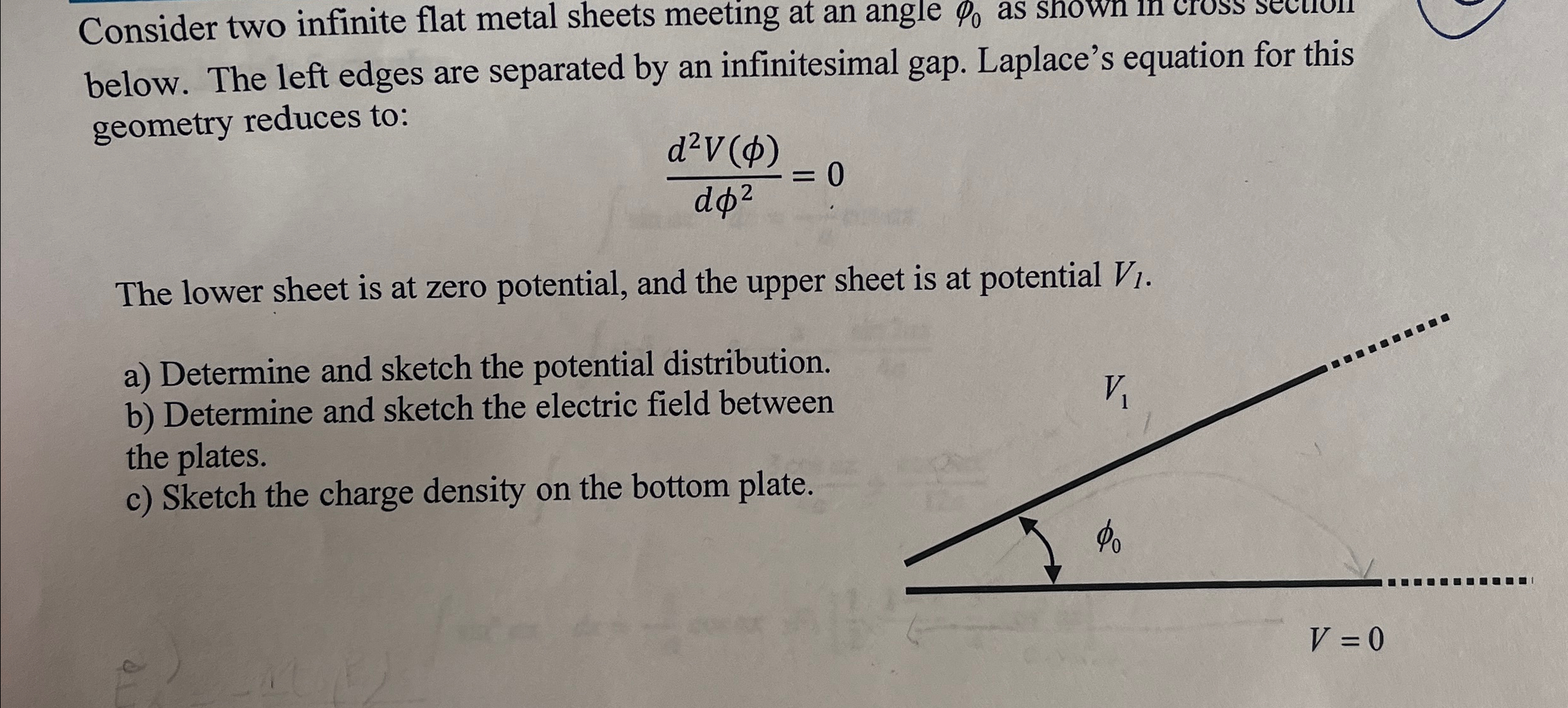 Solved Consider two infinite flat metal sheets meeting at an | Chegg.com