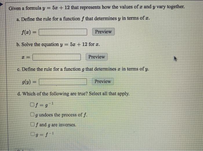 Solved Given a formula y = 52 + 12 that represents how the | Chegg.com
