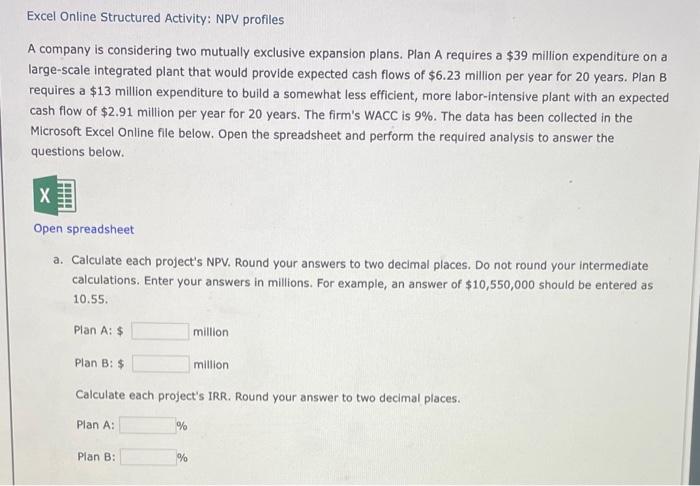 Solved Excel Online Structured Activity: NPV profiles A | Chegg.com
