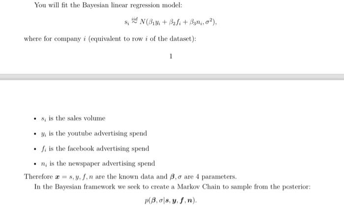 Solved You Will Fit The Bayesian Linear Regression Model