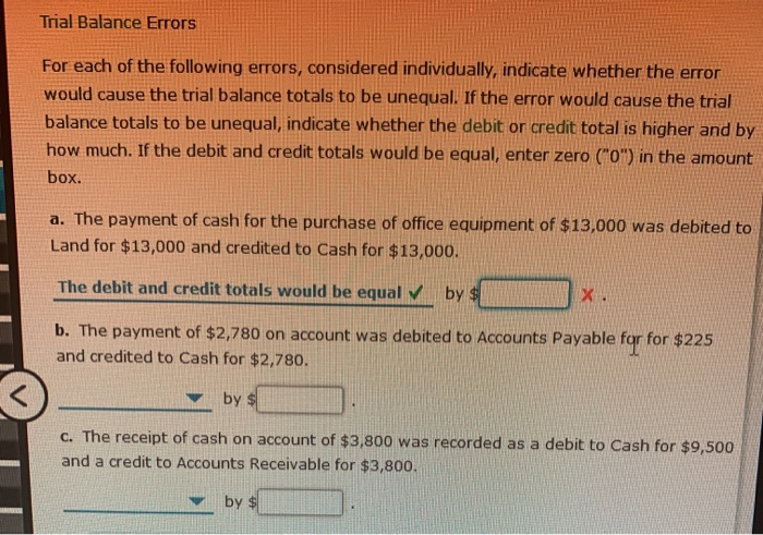 Solved Trial Balance Errors For each of the following | Chegg.com