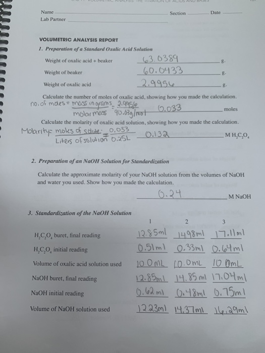 Solved Name Lab Partner Section Date VOLUMETRIC ANALYSIS | Chegg.com