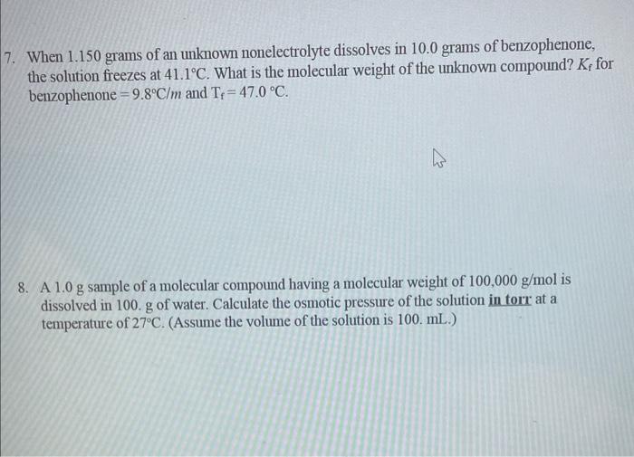 Solved When 1.150 grams of an unknown nonelectrolyte | Chegg.com