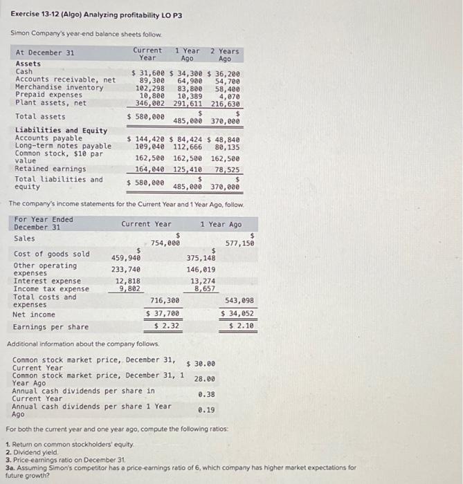Solved Exercise 13-12 (Algo) Analyzing profitability LO P3 | Chegg.com